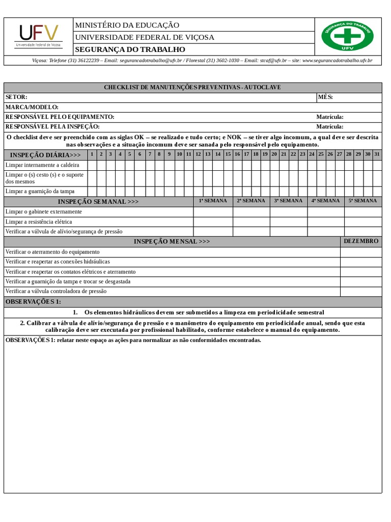 Checklist de manutenções preventivas de autoclave do setor de ...