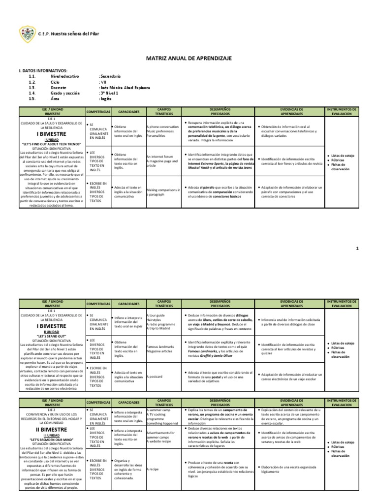 3 - 1 Inglés MATRIZ 2021 SECUNDARIA Prec | PDF | Evaluación | Información