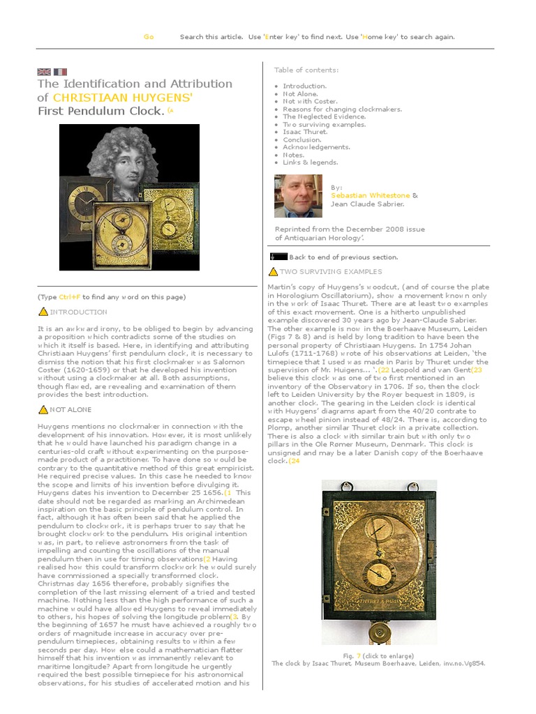 The Identification and Attribution of Christaan Huygen's First Pendulum ...