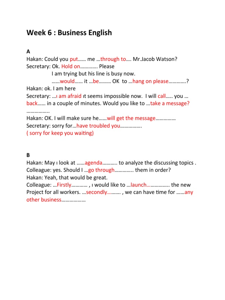 Week 6 Business English Listening Review by Conversations | PDF ...