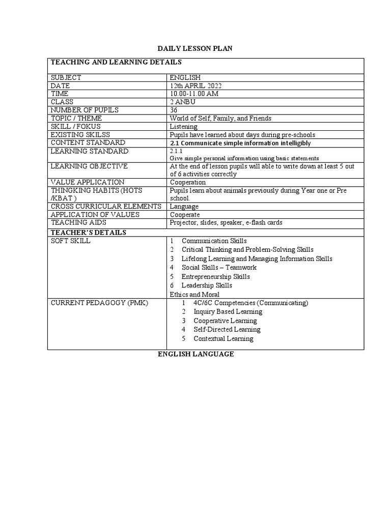 PRAKTICUM Observation Lesson Plan | PDF | Learning | Lesson Plan