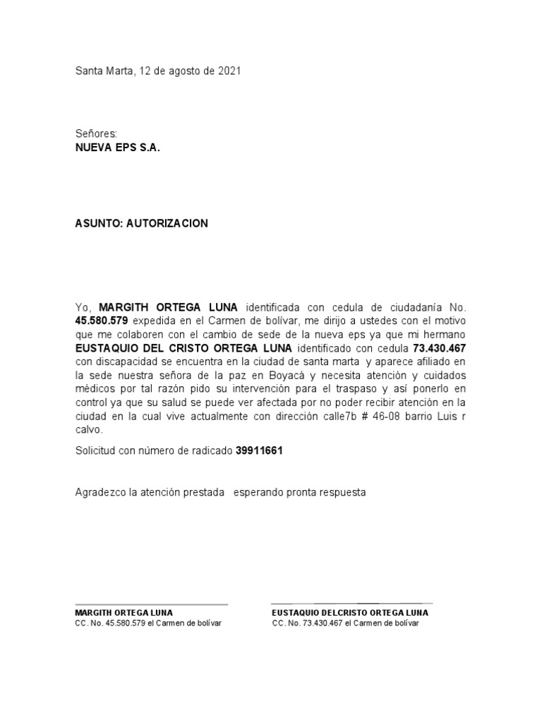 Carta Autorización Cambio de EPS | PDF
