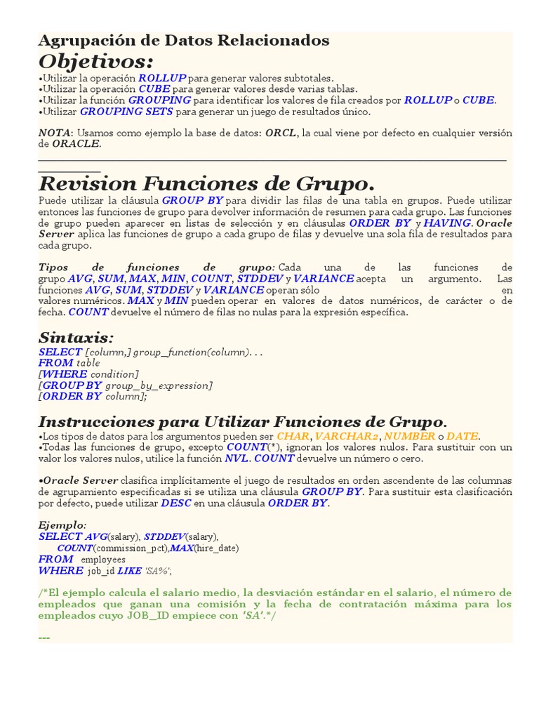 Agrupación de Datos Relacionados (GROUP By) | PDF | SQL | Función (Matemáticas)