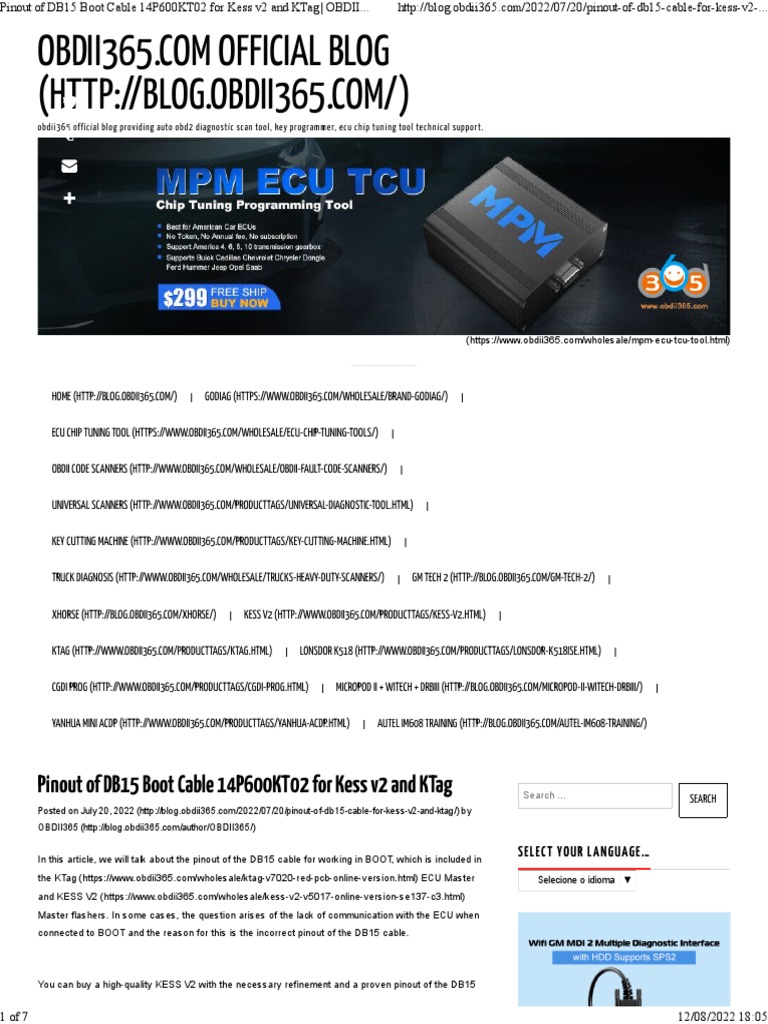 Pinout of DB15 Boot Cable 14P600KT02 For Kess v2 and KTag OBDII365.com ...