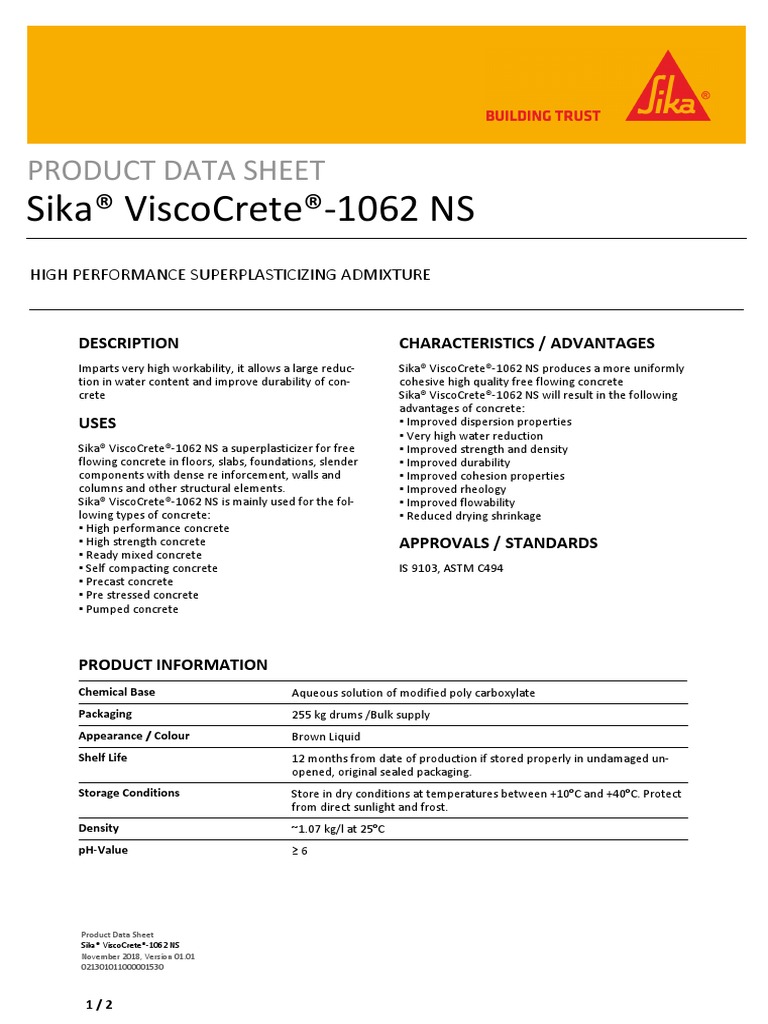 Sika Viscocrete - 1062ns | PDF | Concrete | Civil Engineering