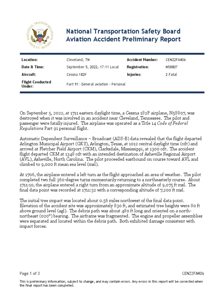 Cessna 182P Crash in Cleveland, TN | PDF | Aircraft | Altitude