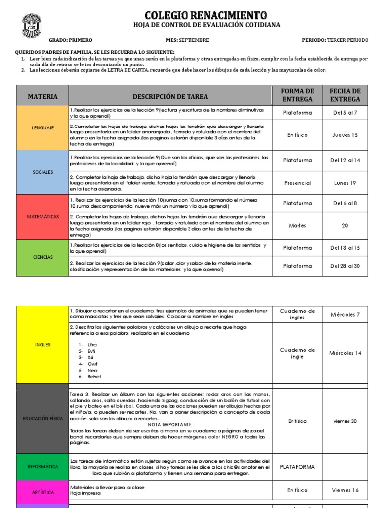 Hoja de Tareas de Septiembre | PDF