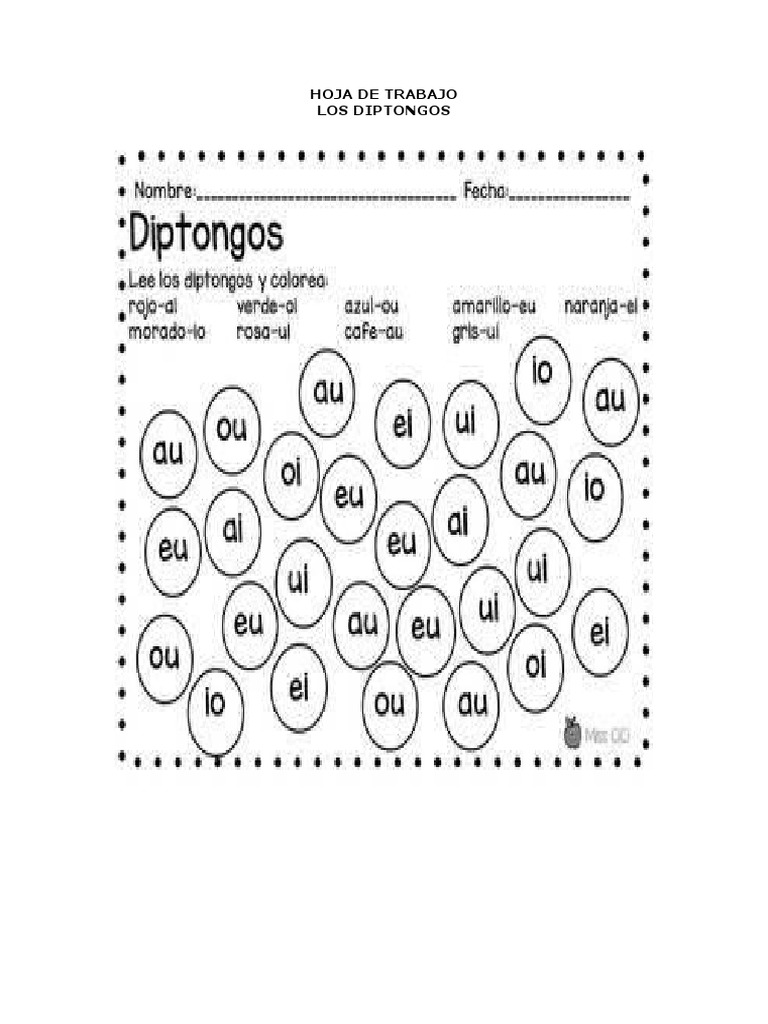Hoja de Trabajo Los Diptongos | PDF