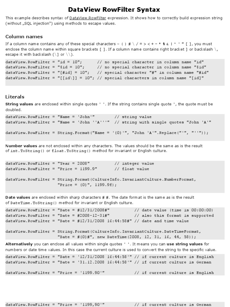 DataView RowFilter Syntax | Download Free PDF | String (Computer Science) | Software Engineering
