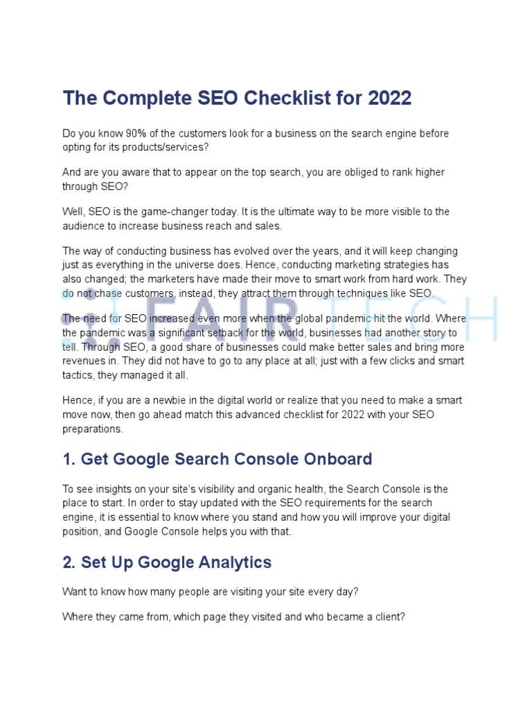 The Complete SEO Checklist For 2022 | PDF | Search Engine Optimization | Analytics