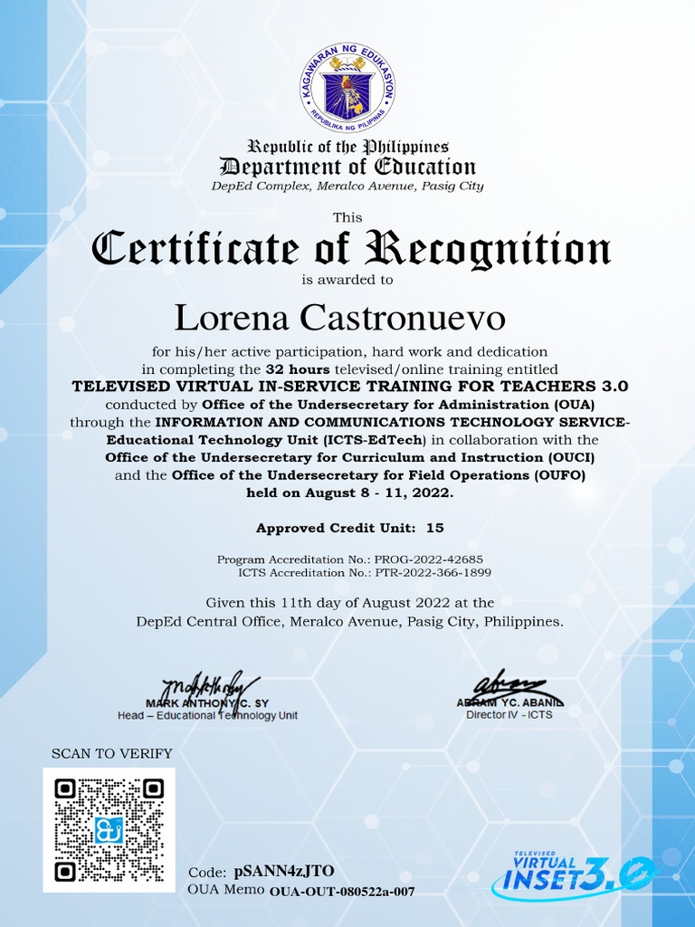 Virtual Inset 3.0 - Certificate of Recognition | PDF