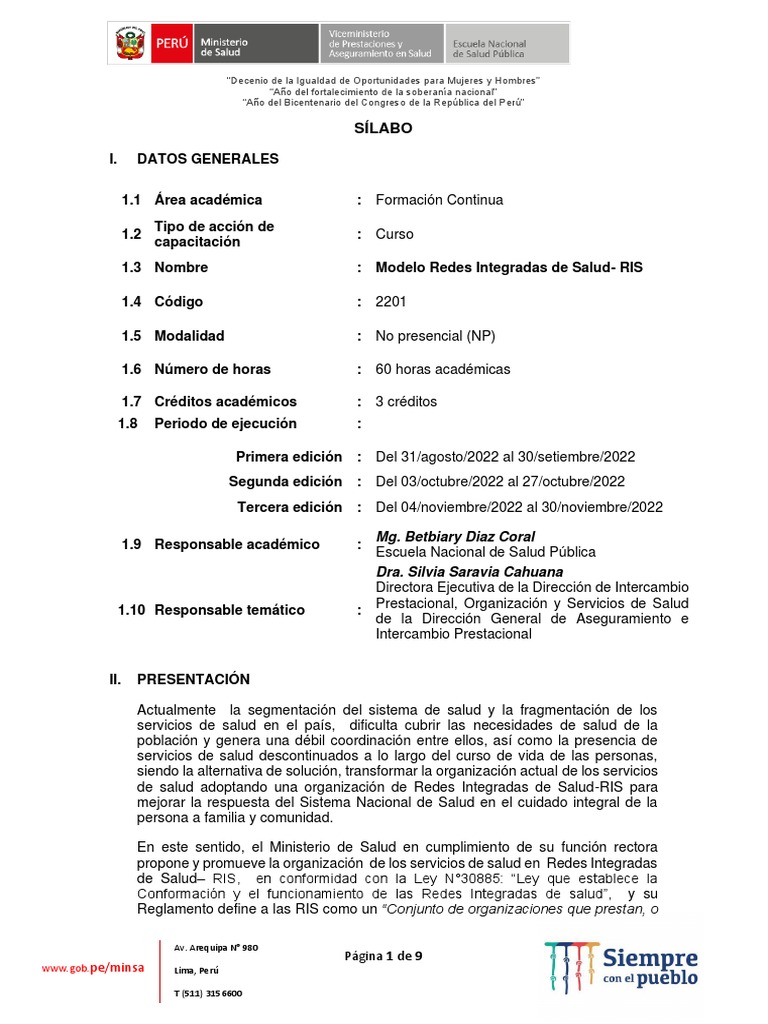 SILABO Modelo Redes Integradas de Salud - RIS | PDF | Sistema de salud | Perú