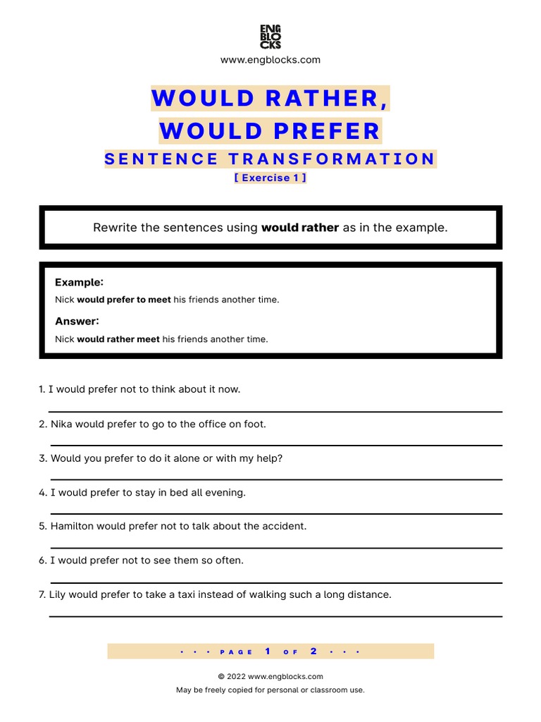 Would Rather Would Prefer Sentence Transformation Exercise 1 | PDF