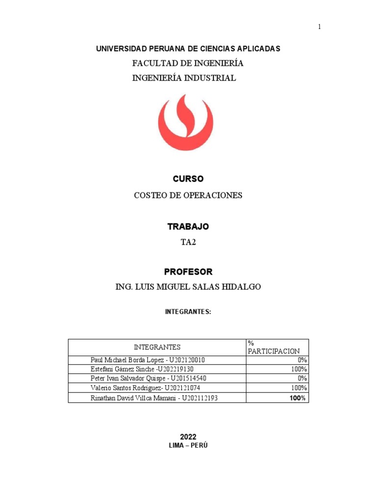 Ta2 Costeo+de+Operaciones | PDF | Marca | Calidad (comercial)