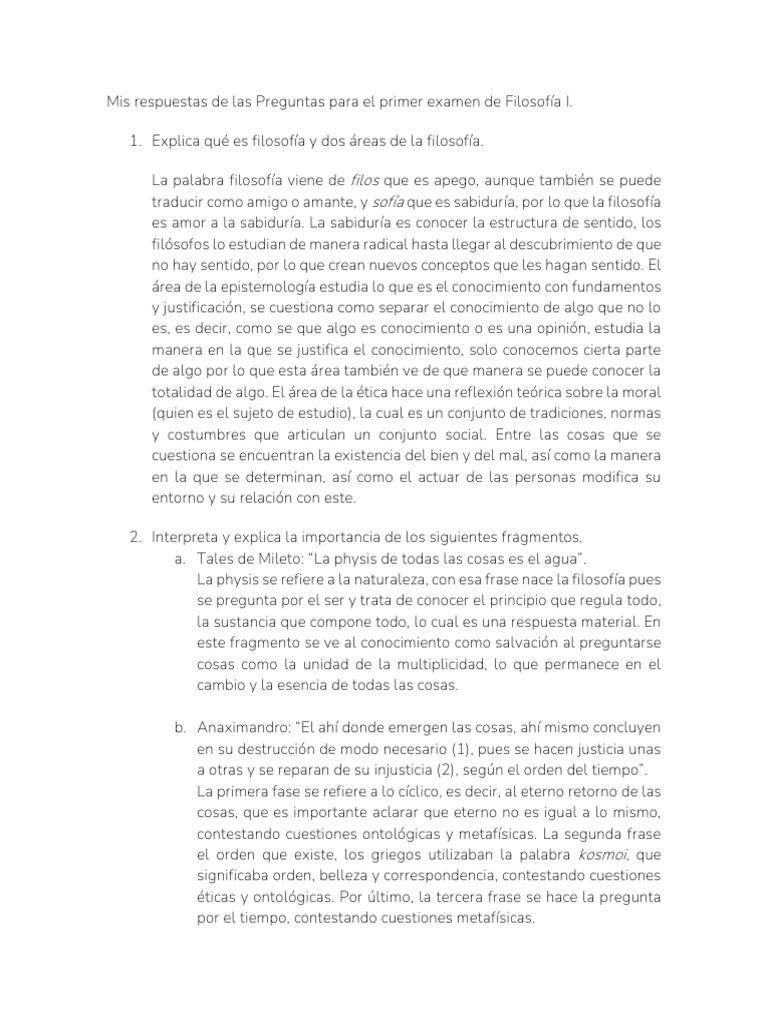 Mis Respuestas de Las Preguntas CDL Primer Examen de Filosofía I | PDF ...