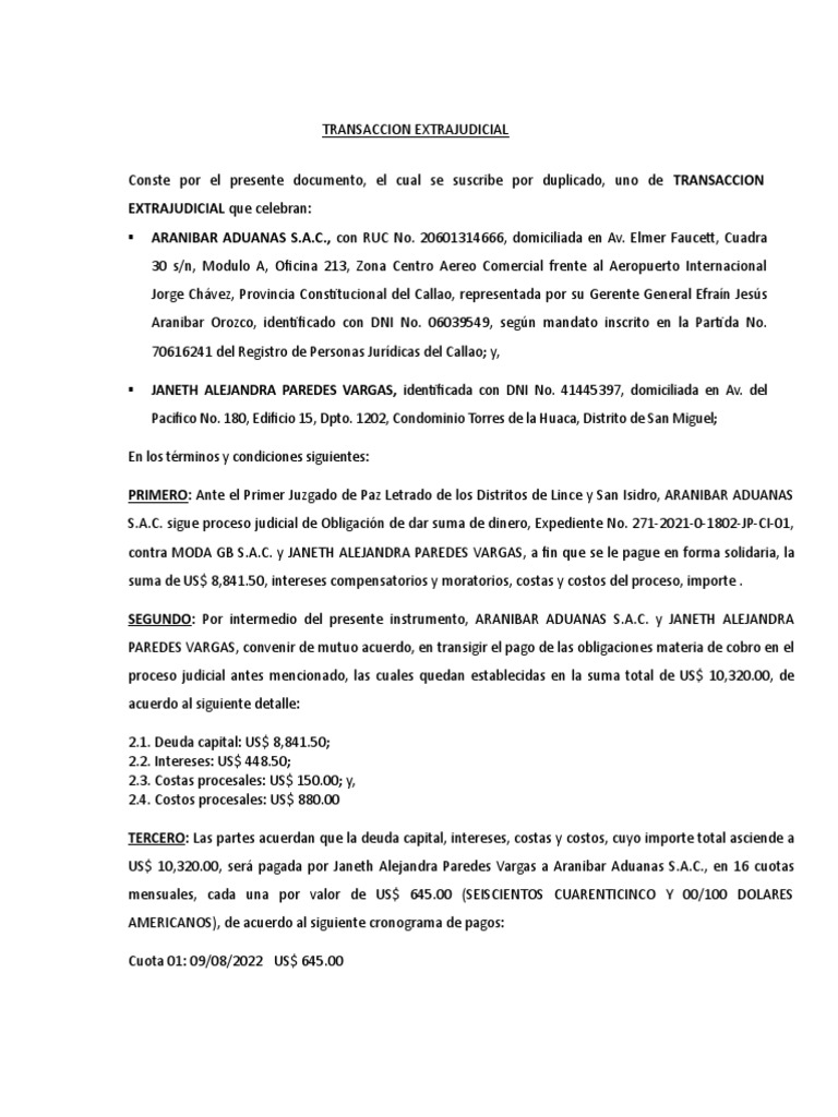 Transaccion Extrajudicial Aranibar Aduanas - Janeth Paredes | PDF | Justicia | Crimen y violencia