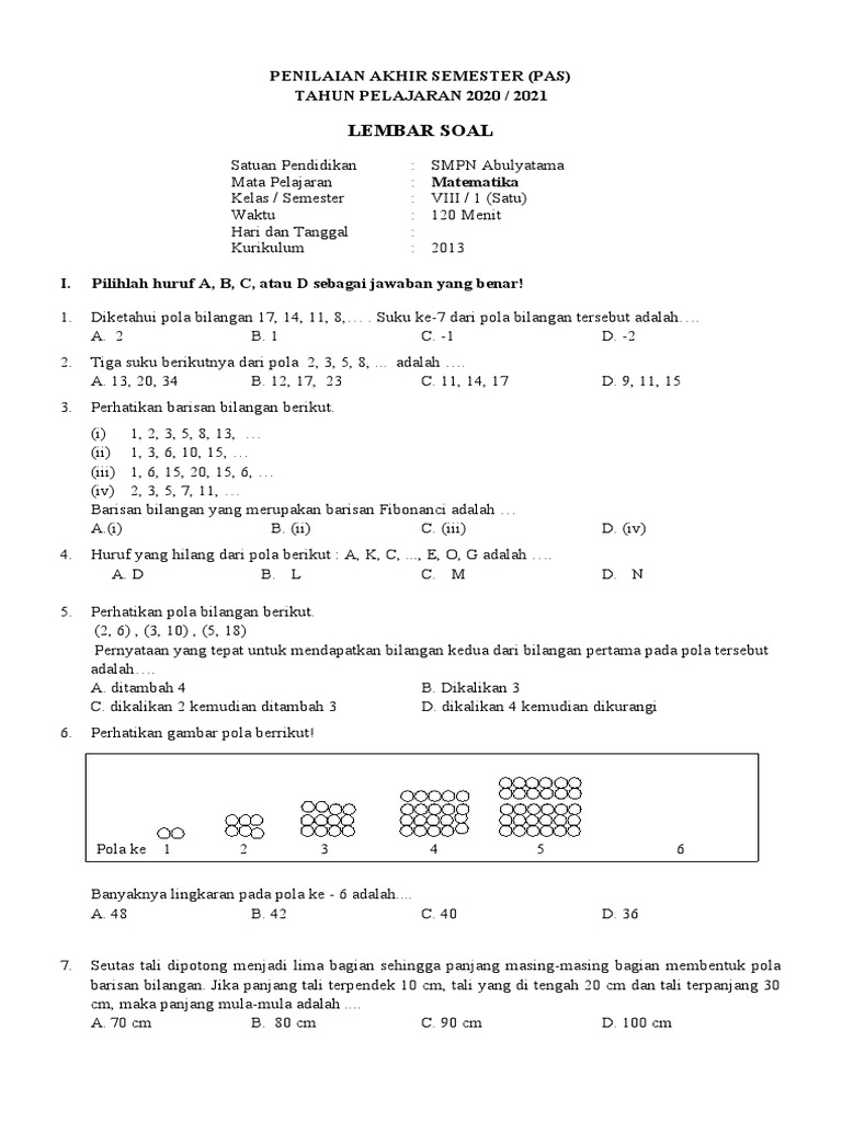 Soal Pas MTK KLS 8 K13 | PDF
