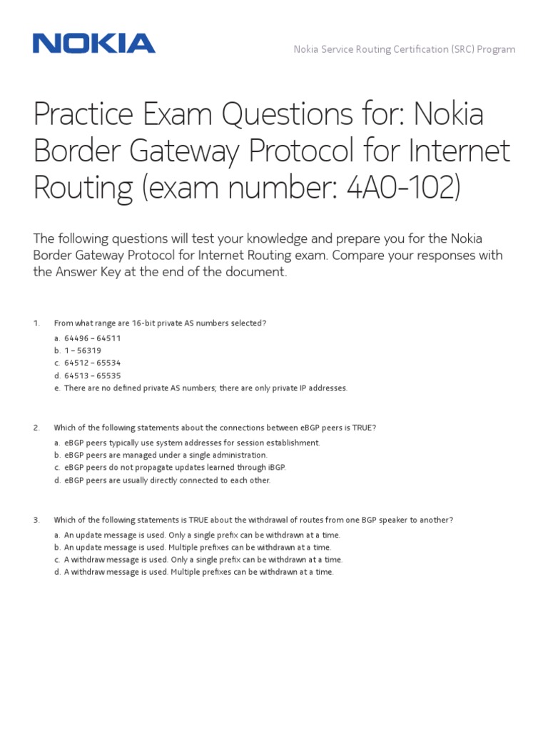 Nokia Practice Exam Questions For Border Gateway Protocol For Internet Routing Exam Document en ...