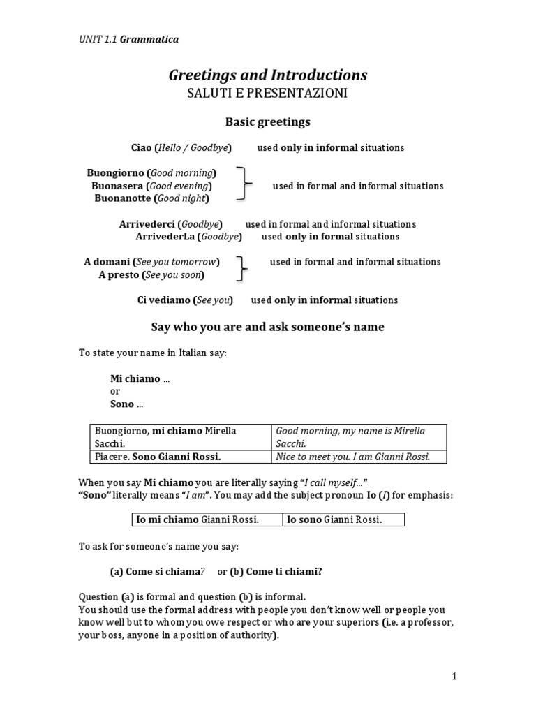Italian Greetings and Introductions Guide | PDF | Semantics ...
