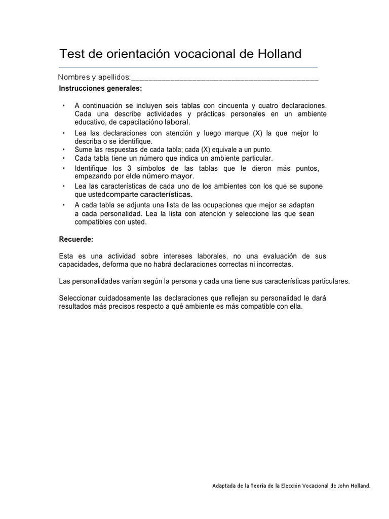 Test de Holland | PDF | Cognición | Ciencia cognitiva