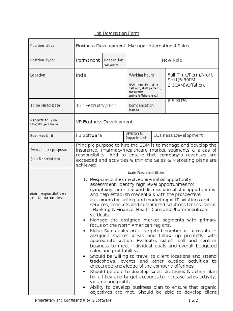 International Sales BDM Job Description | PDF | Sales | Market Segmentation