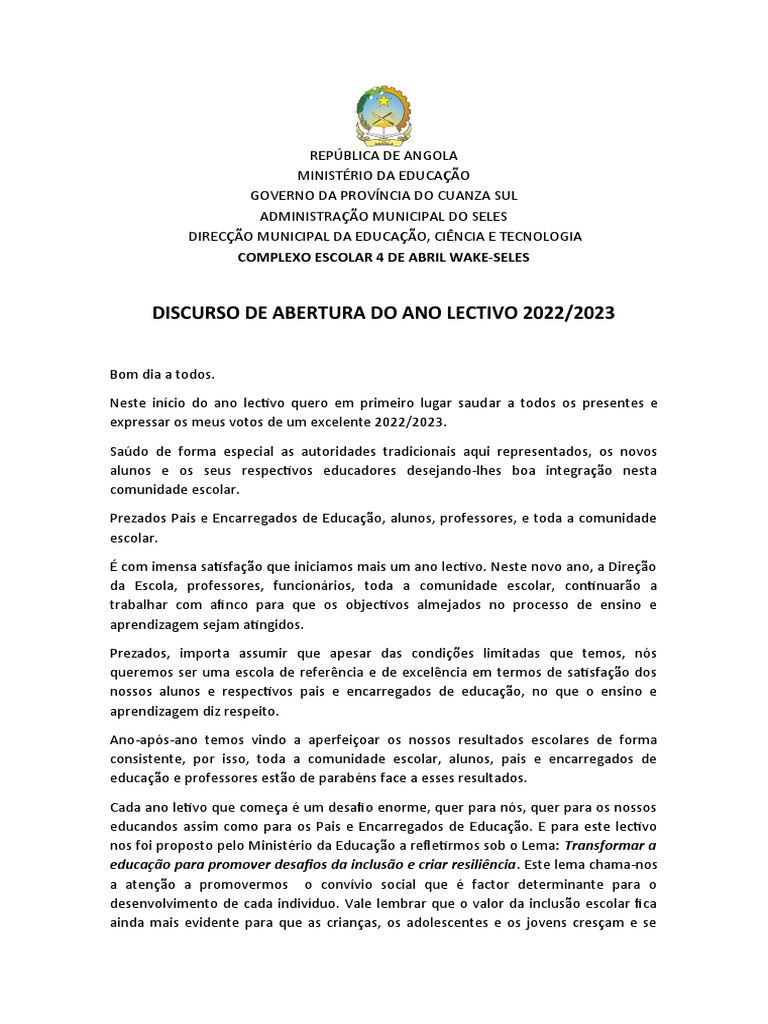 Discurso de Abertura Ano Lectivo 2022 2023 | PDF | Escolas