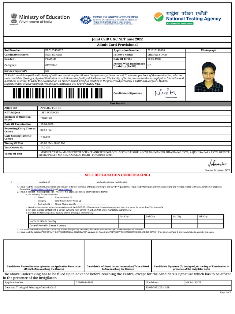 AdmitCard Csir Net | PDF | Identity Document