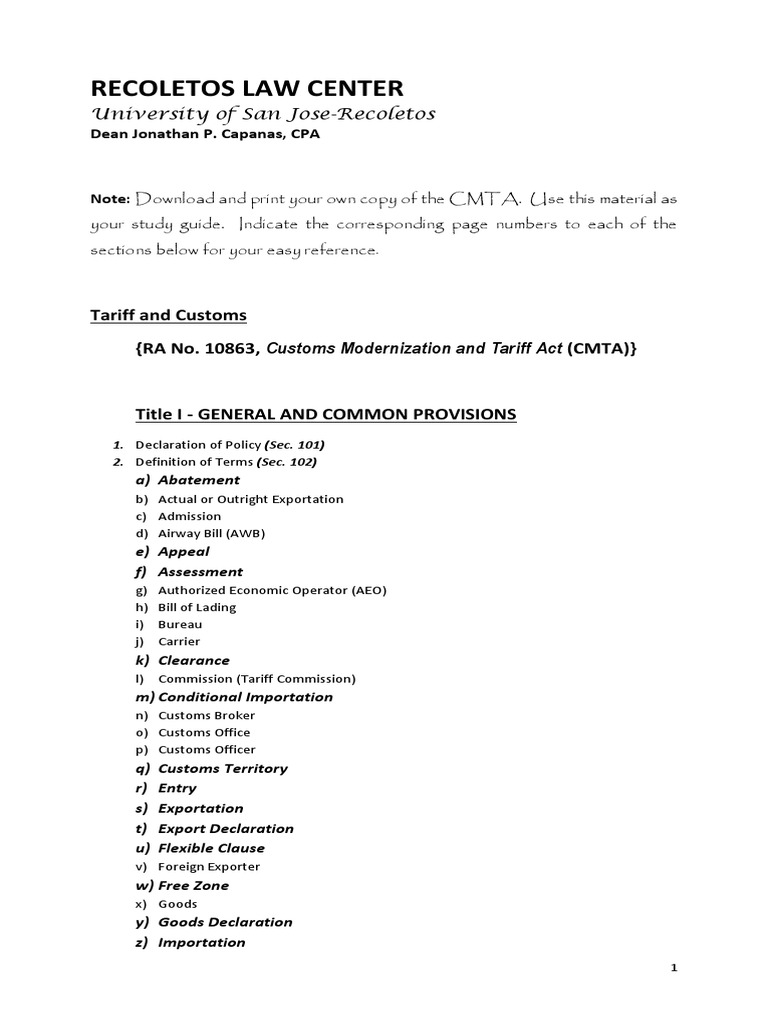 2021 Customs Modernization and Tariff Act (RA 10863) | PDF | Customs ...