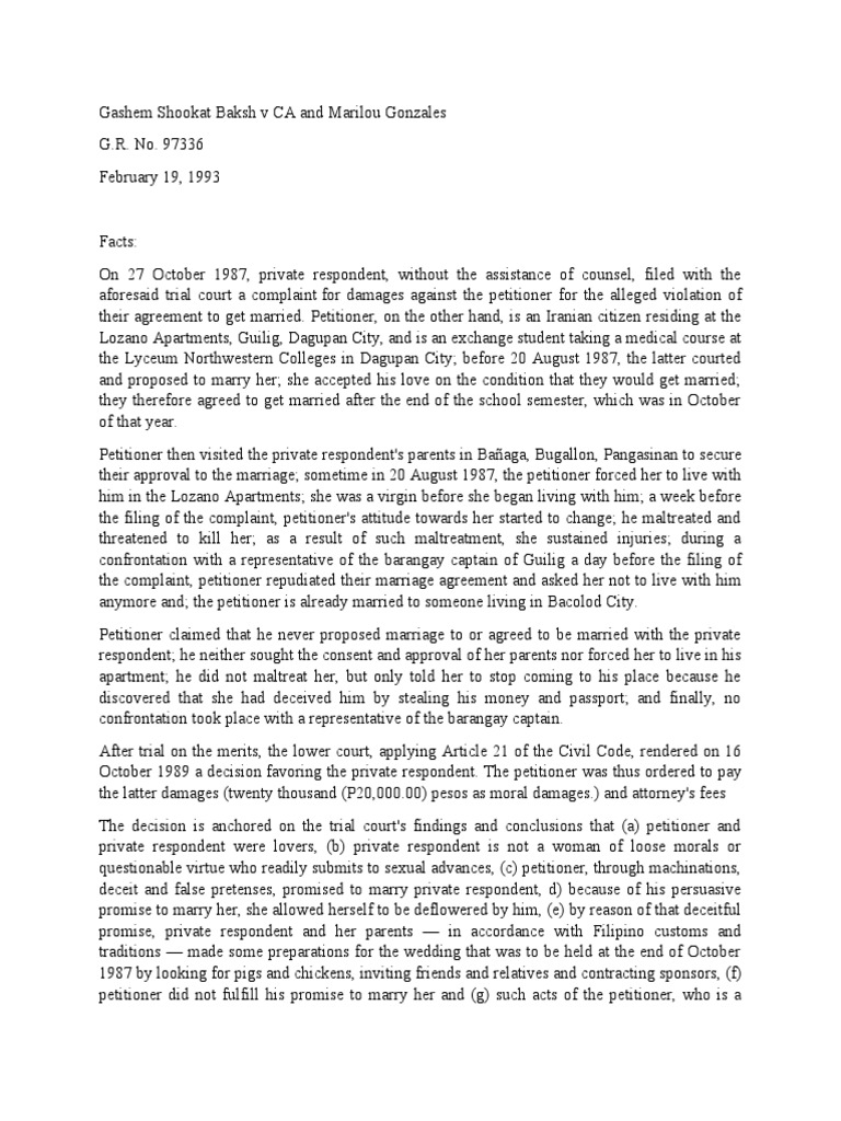 Gashem Shookat Baksh V CA and Marilou Gonzales Digest | PDF | Damages ...