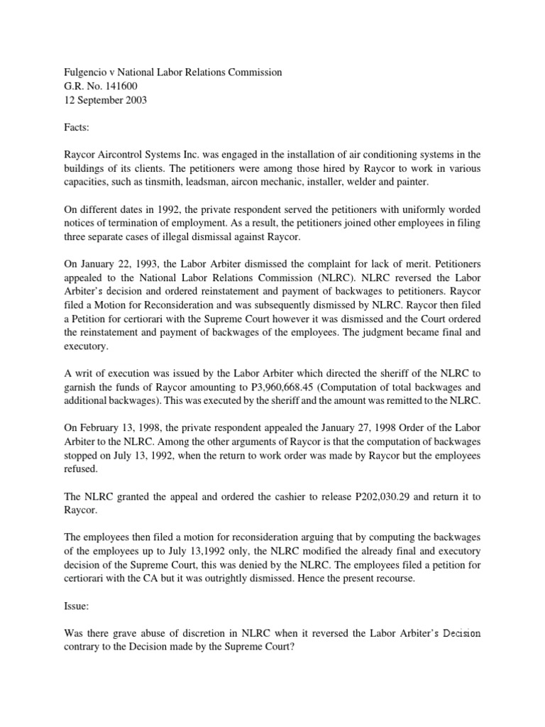 Fulgencio V National Labor Relations Commission Digest | PDF | Certiorari | Judgment (Law)