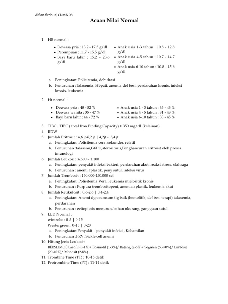 Nilai Normal Hemoglobin dan Led | PDF