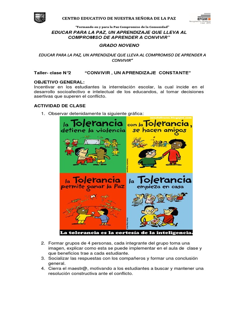 Taller - Clase N - 2 Convivencia Grado 9 | PDF | Tolerancia | Aprendizaje
