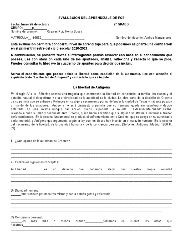 Evaluación Del Aprendizaje de Fce 2° Prof Andrea Manzanares | PDF