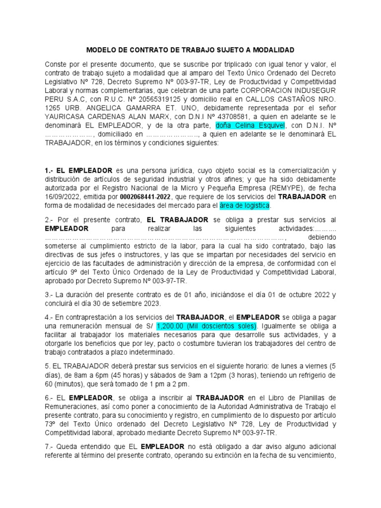 Modelo de Contrato de Trabajo Sujeto A Modalidad | PDF | Derecho laboral | Personal