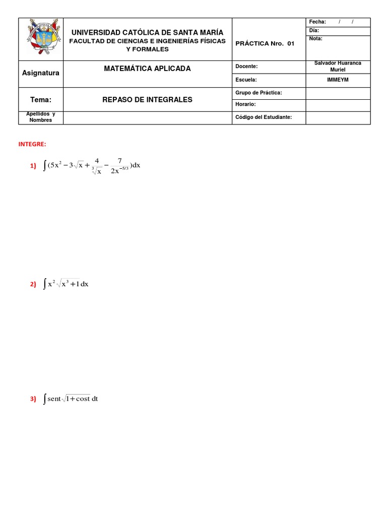 01 - Práctica 01 - Repaso de Integrales | PDF | Matemáticas