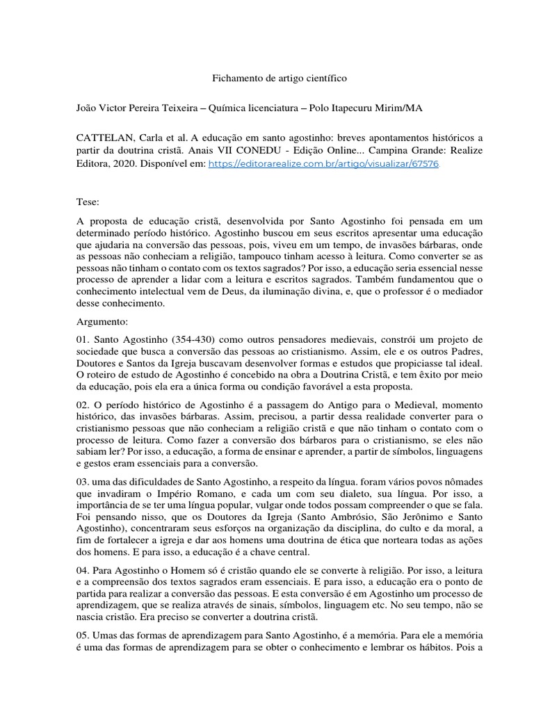 Fichamento de Artigo Científico | Download grátis PDF | Agostinho de Hipona | Aprendizado