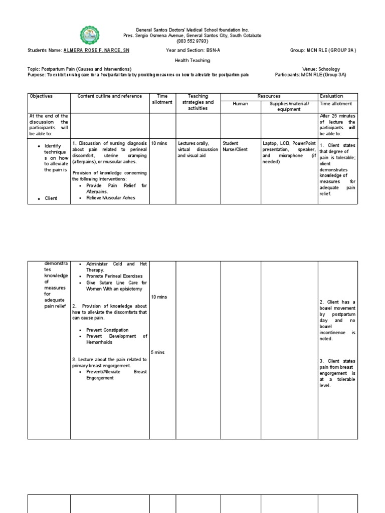 MCN Rle Health Teaching - Narce - Bsn2a | PDF | Postpartum Period | Pain