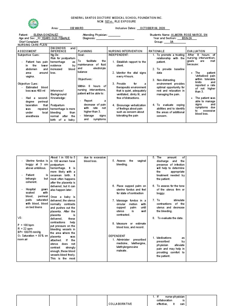 Mcn-Rle-Ncp Postpartum2 Narce Bsn2a | PDF | Uterus | Bleeding