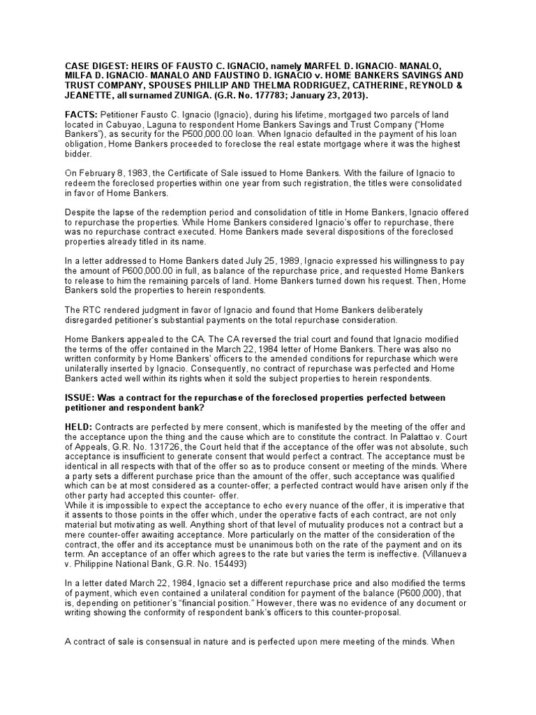 13 DIGEST G R No 177783 HEIRS OF FAUSTO C IGNACIO Vs HOME BANKERS | PDF ...