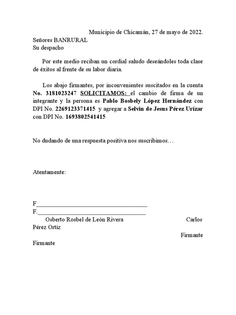 Solicitud de Cambio de Firma BANRURAL Chicamán | PDF