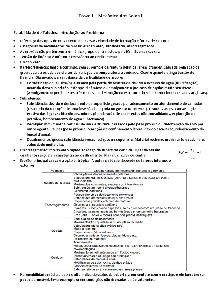 Resumo Prova I - Mecânica Dos Solos II | PDF | Estresse (Mecânica) | Erosão
