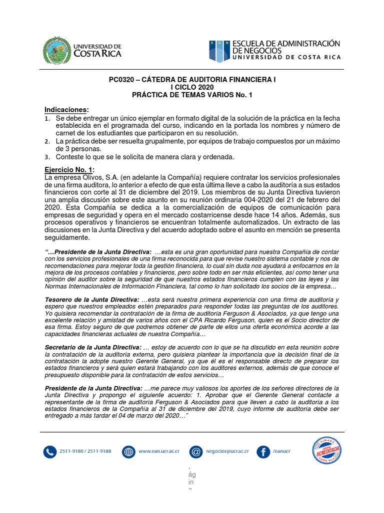 Práctica No. 1 - PC-0320 - 2020 | PDF | Auditoría | Contabilidad