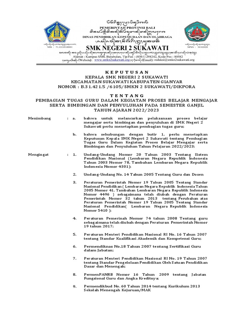 SK Pembagian Tugas 2022 - 2023 | PDF