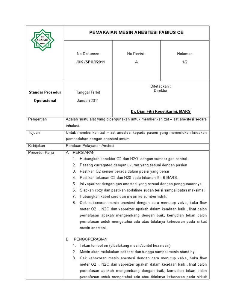 Sop Penggunaan Mesin Anestesi | PDF