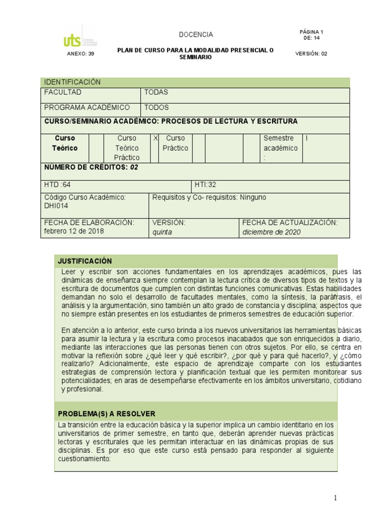 Plan de Curso de Procesos de Lectura y Escritura | PDF | Comprensión ...