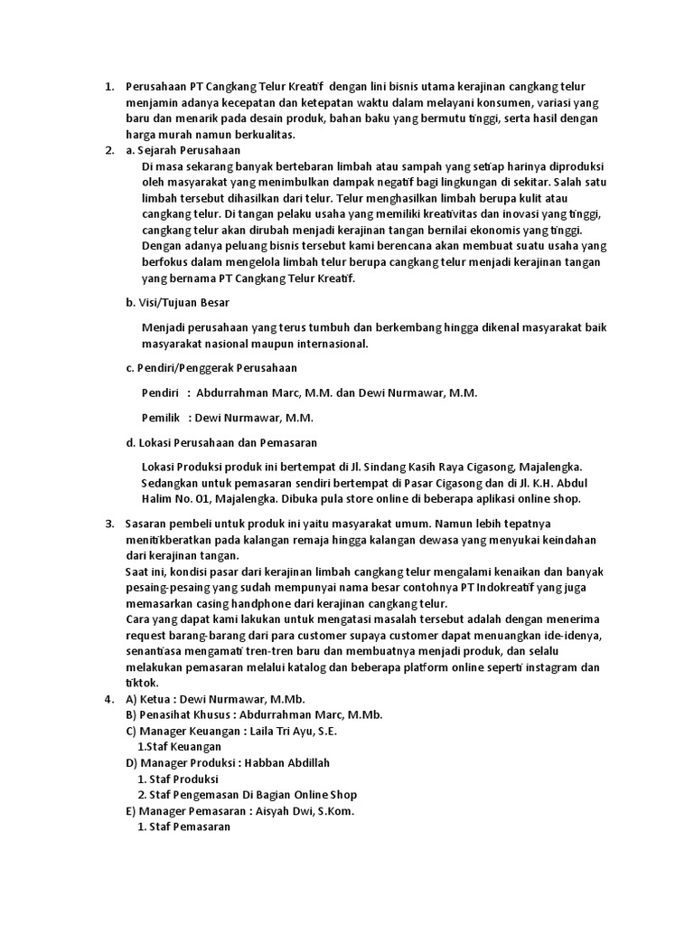 Contoh Business Plan Kerajinan Dari Limbah Cangkang Telur | PDF
