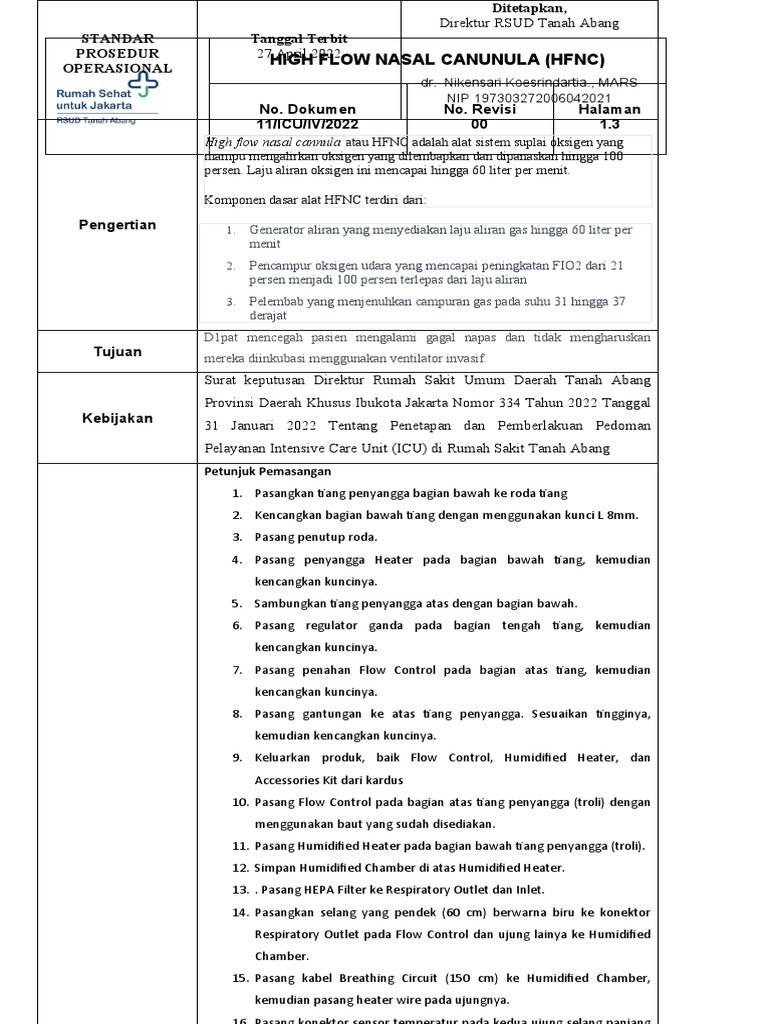 Panduan Pemasangan HFNC di ICU | PDF
