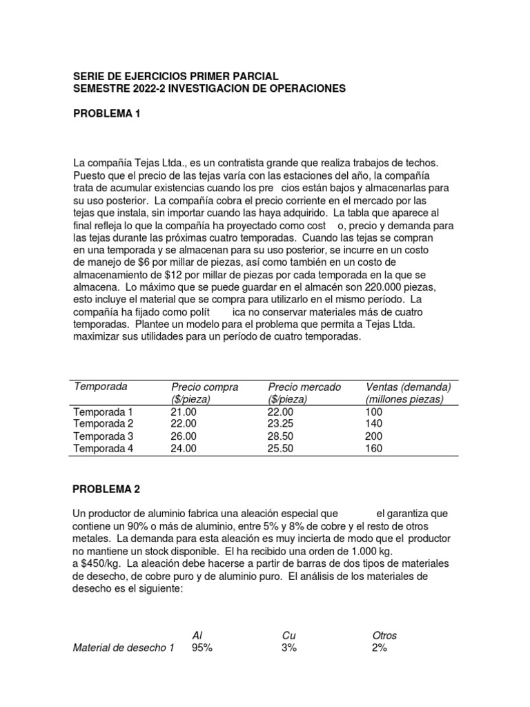 Serie de Ejercicios Primer Parcial Io1 2022-2 | PDF | Cobre | Petróleo