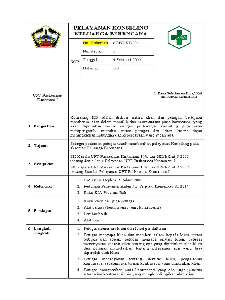 Sop Pelayanan Konseling Keluarga Berencana | PDF
