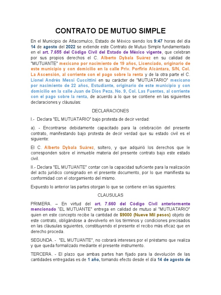Contrato de Mutuo Simple | Descargar gratis PDF | Justicia | Crimen y violencia